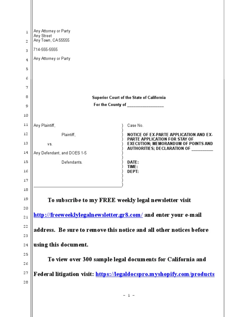 Sample Ex Parte Application For Stay of Execution of Judgment in ...