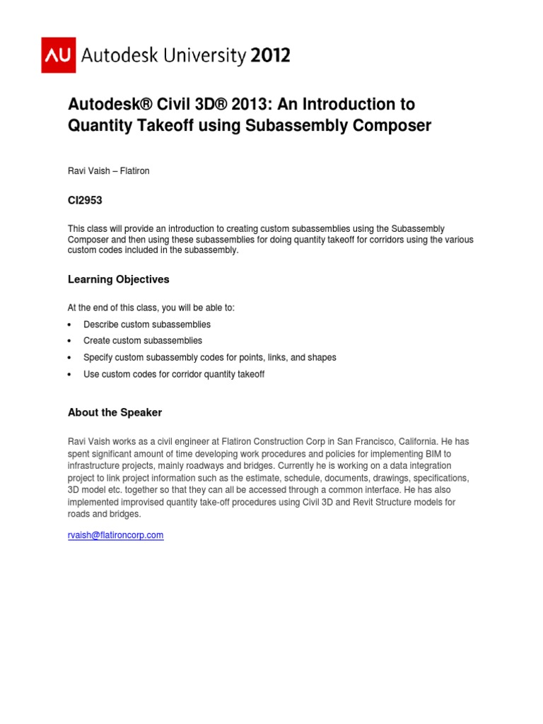 Handout - 2953 - CI2953 - Quantity Takeoff Using Subassembly Composer | PDF | Parameter ...