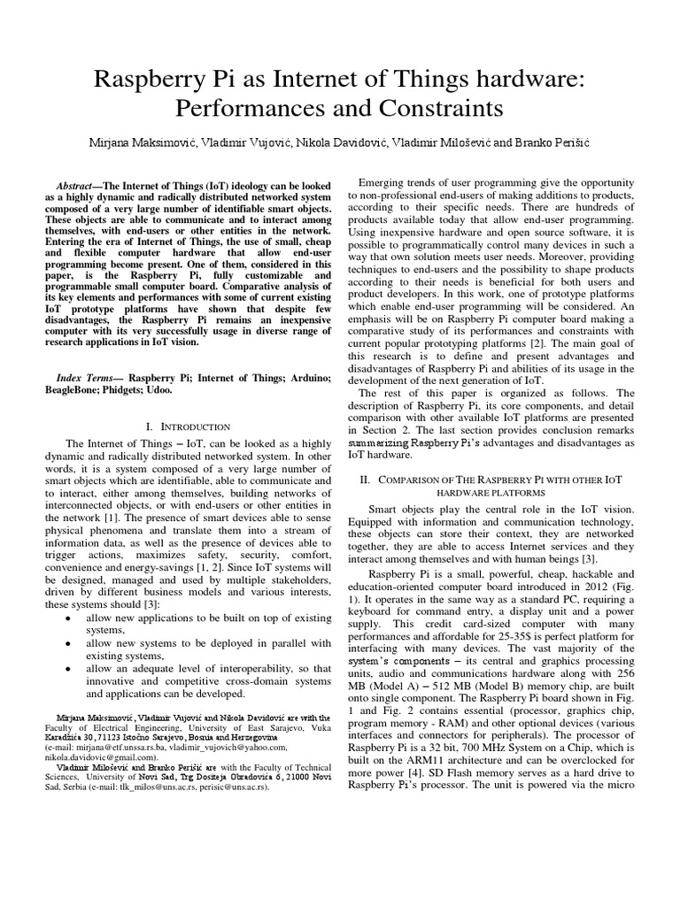 Raspberry Pi As Internet of Things Hardware Performances and Constraints | PDF | Raspberry Pi ...