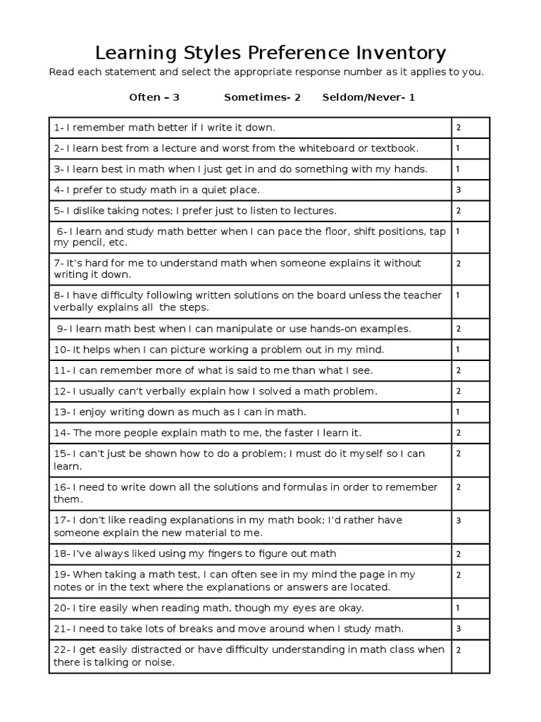 Math Learning Styles Inventory | PDF | Learning Styles | Teaching Mathematics