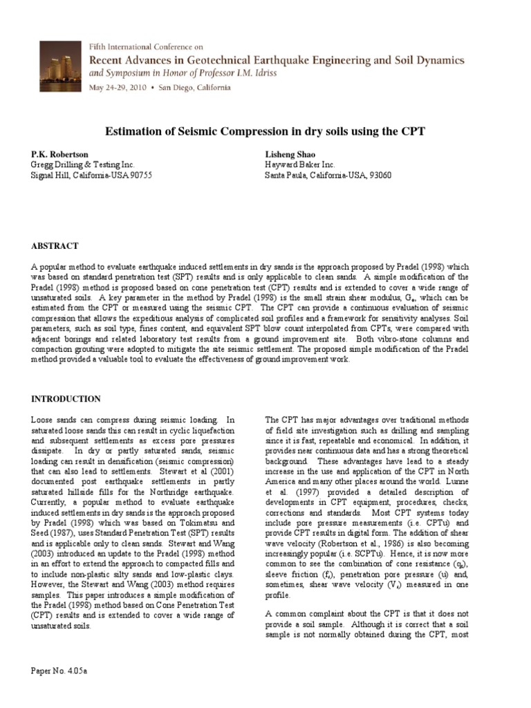 Estimation of Seismic Compression in Dry Soils Using The CPT | PDF ...