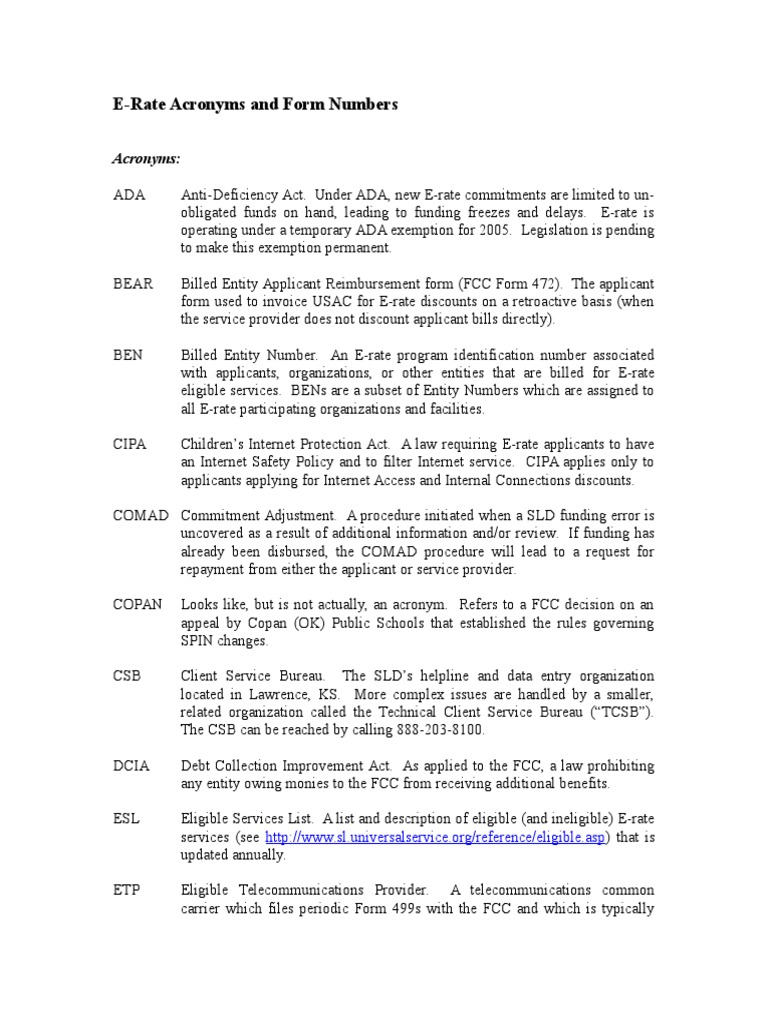 E-Rate Acronyms and Form Numbers | PDF | Government Of The United ...