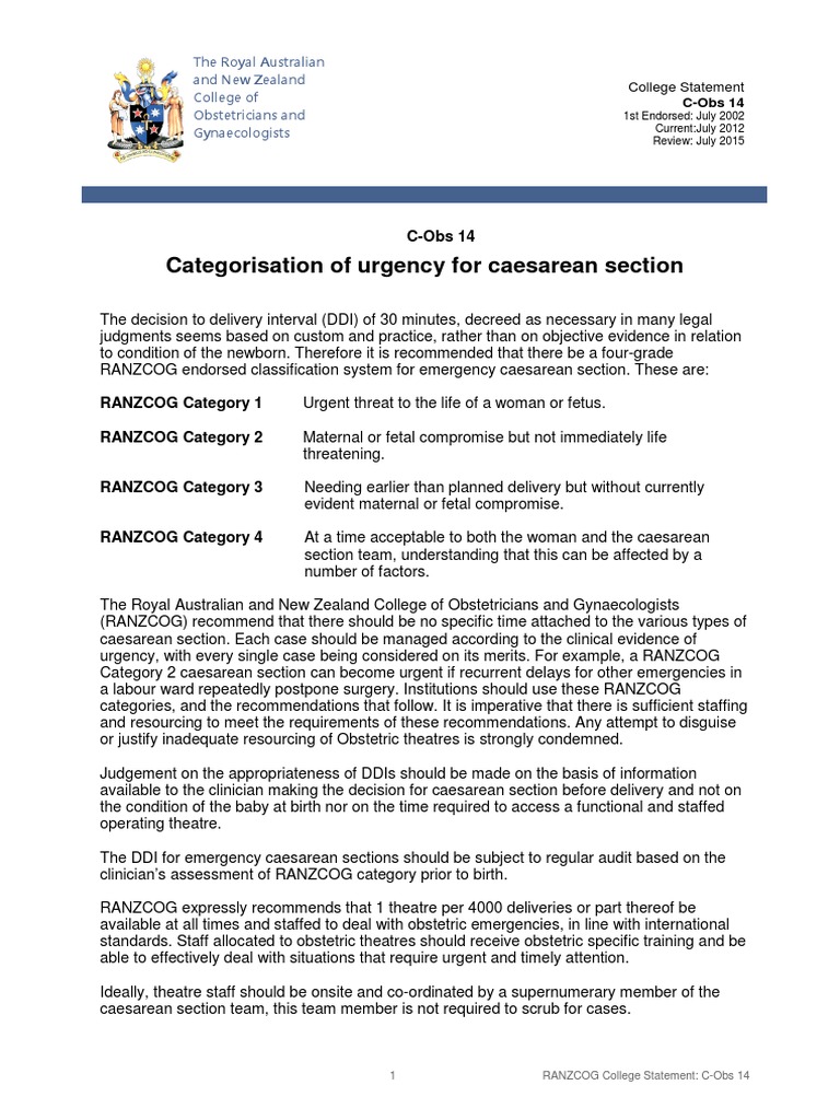 Categorisation of Urgency for Caesarean Sections: RANZCOG's Four-Grade ...