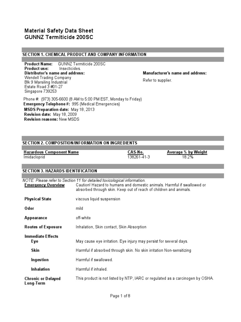 GUNNZ Termiticide MSDS | PDF | Toxicity | Personal Protective Equipment