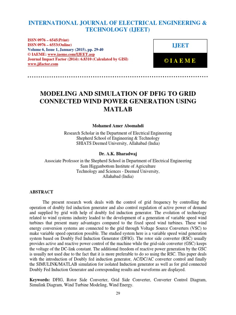 Modeling and Simulation of Dfig To Grid Connected Wind Power Generation Using Matlab | PDF ...