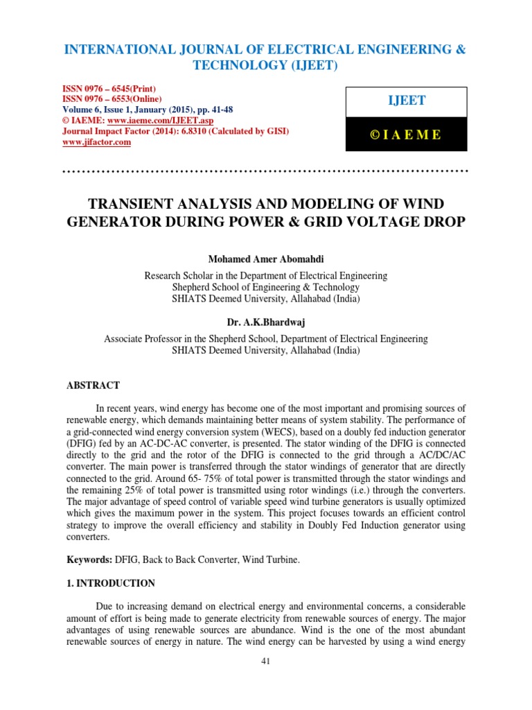 Transient Analysis And Modeling Of Wind Generator During Power And Grid Voltage Drop Pdf