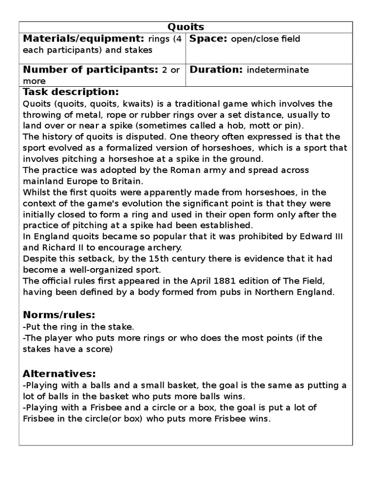 Quoits Materials/equipment: Space: Number of Participants: Duration ...