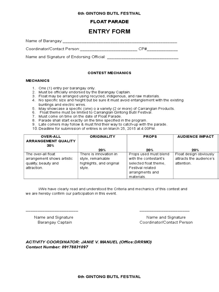 6th Gintong Butil Festival Talent Show Entry Form | PDF | Performing ...