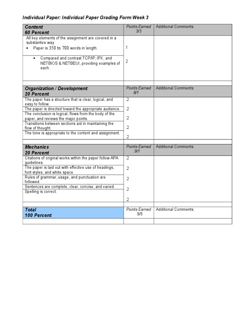 Individual Paper: Individual Paper Grading Form Week 3 Content 60 ...