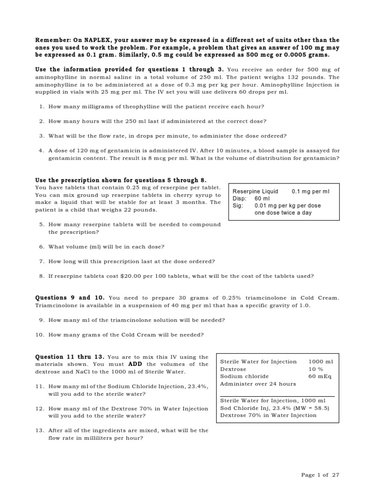 120 Naplex Calculations Copy | Renal Function | Saline (Medicine)