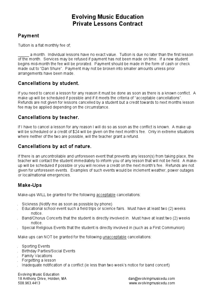 Private Music Lesson Contract Template | PDF | Fee | Tuition Payments