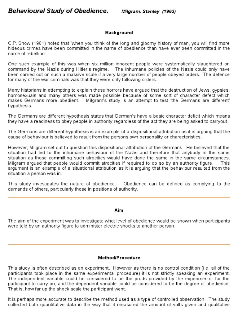 Summary Behavioural Study of Obedience | PDF | Obedience (Human Behavior) | Experiment