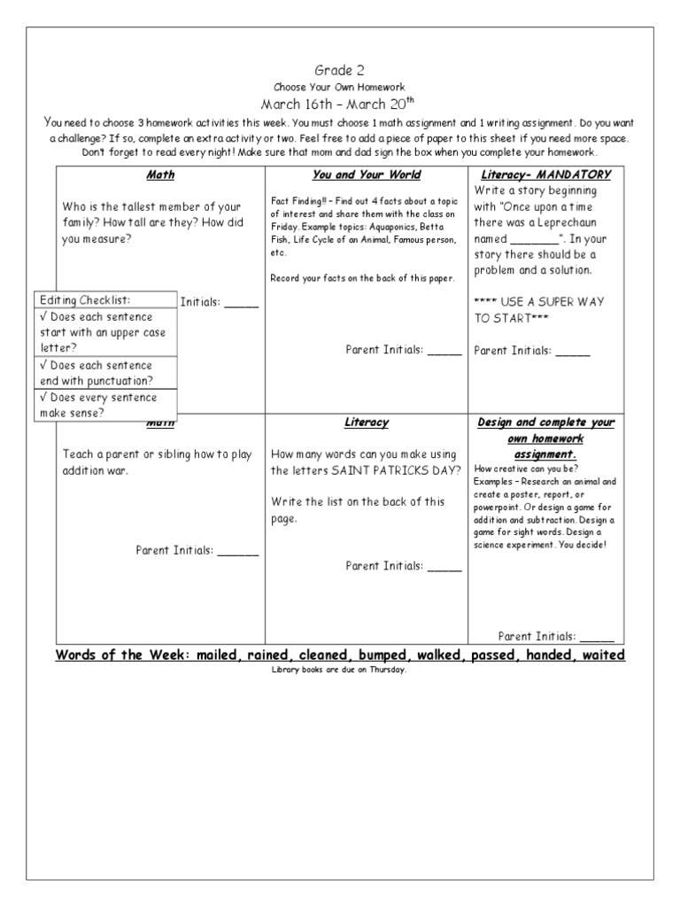 Grade 2 Homework Choices | PDF | Language Arts & Discipline