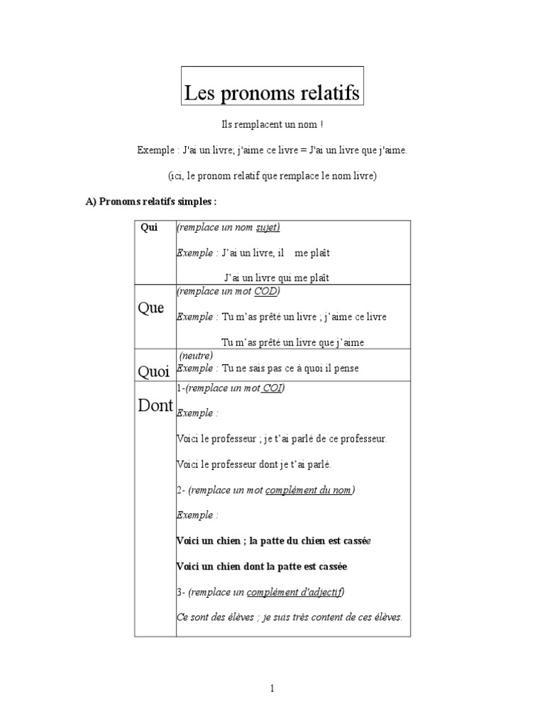 Les Pronoms Relatifs | PDF | Pronom | Genre grammatical
