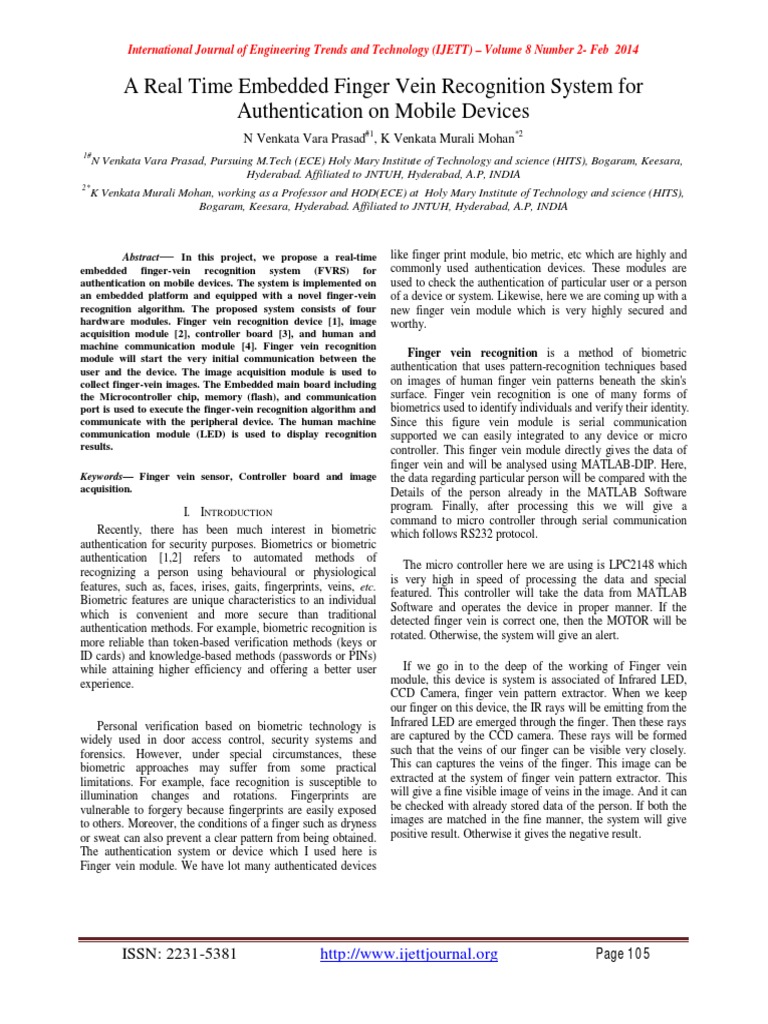 A Real Time Embedded Finger Vein Recognition System For Authentication On Mobile Devices | PDF ...