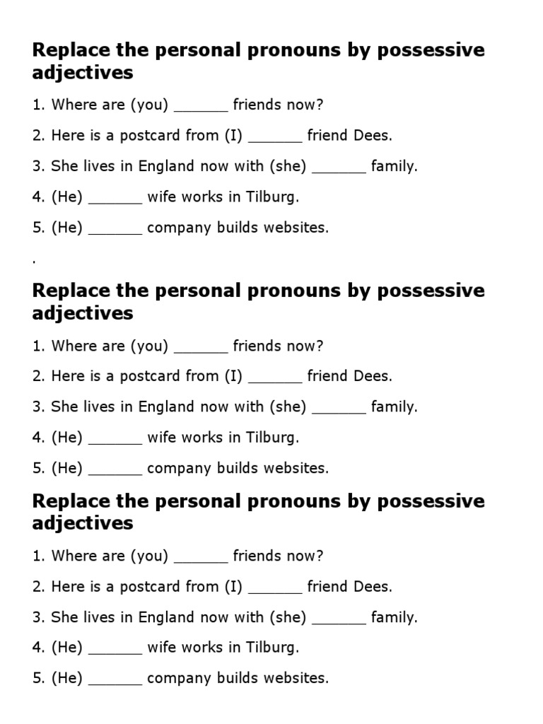 Replace The Personal Pronouns by Possessive Adjectives | PDF | Rules ...