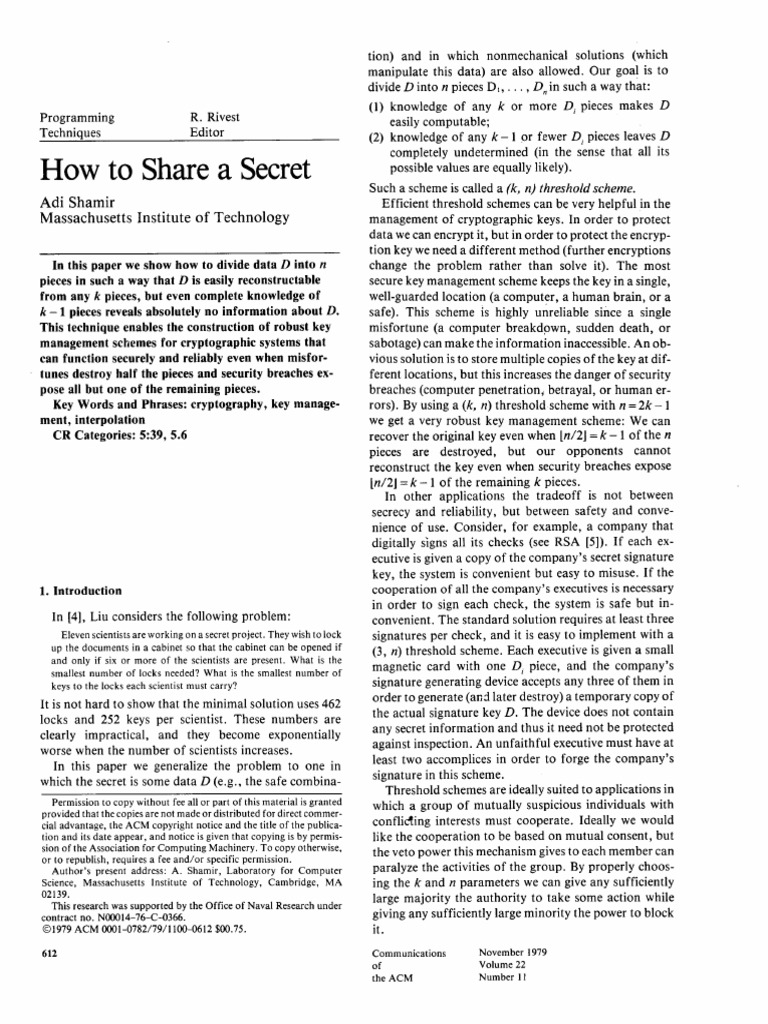 Shamir Secret Sharing | Key (Cryptography) | Cryptography