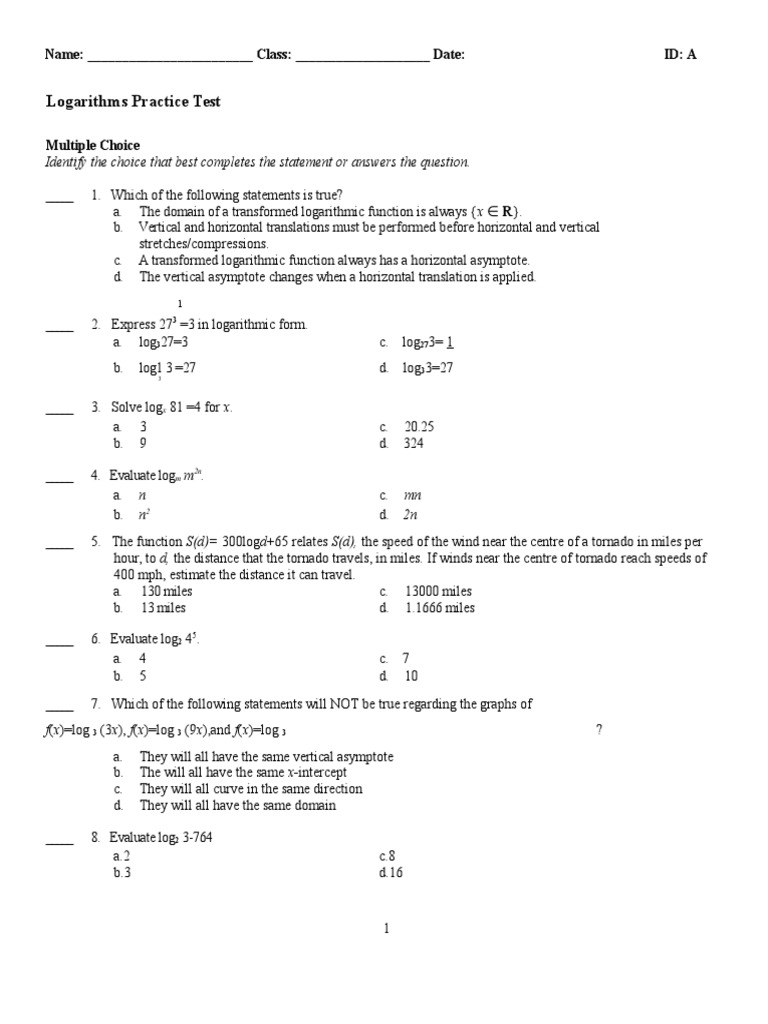 Logarithms Practice Test | PDF | Logarithm | Asymptote