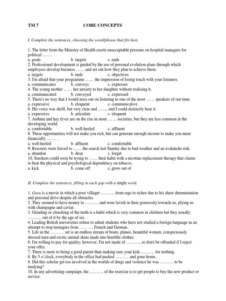 TM7 Core Concepts: I. Complete The Sentences, Choosing The Word/phrase ...