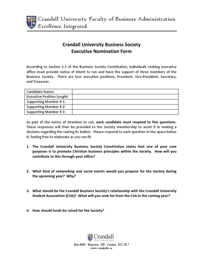 Crandall University Business Society Executive Nomination Form | PDF ...