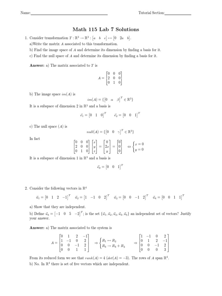 Math 115 Lab 7 Solutions | PDF | Linear Subspace | Basis (Linear Algebra)