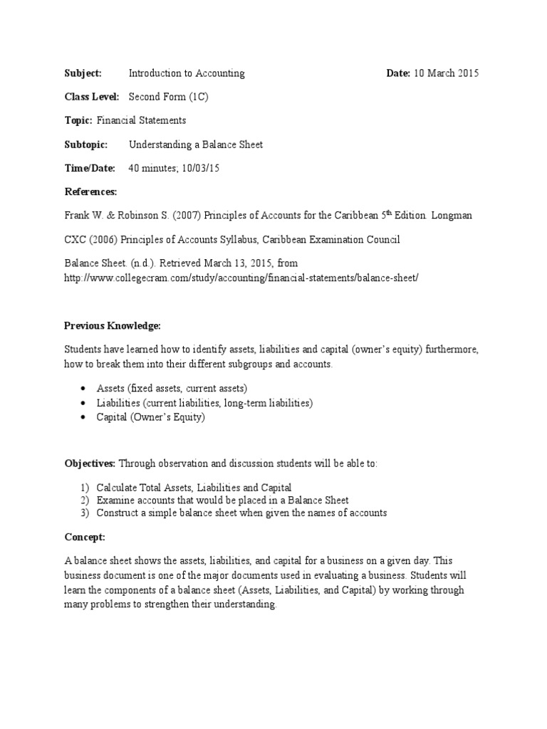 Introduction To Accounting Lesson Plan Balance Sheet | PDF | Balance ...