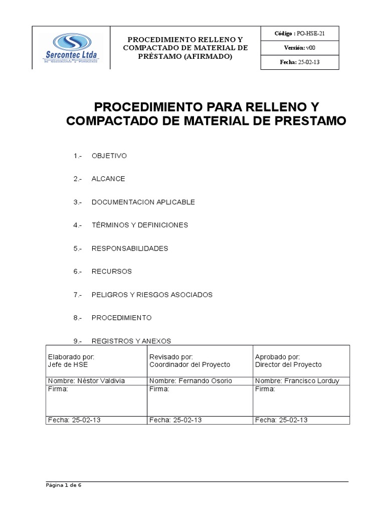 Po-Hse-21 Procedimiento Relleno y Compactado de Material de Préstamo (Afirmado) | PDF | Residuos ...