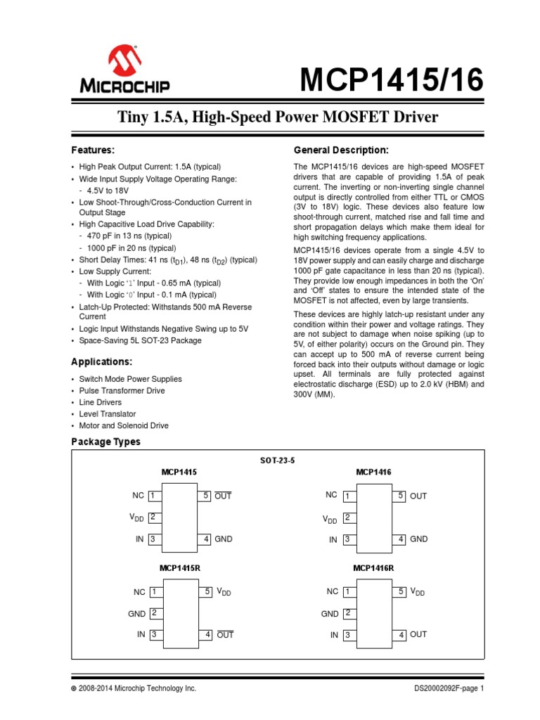 Mcp1416 Power Mosfet Driver | PDF | Capacitor | Mosfet
