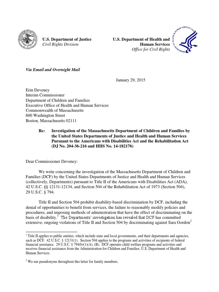 HHS DOJ Mass DCF Letter Sara Gordon Ada Inevtigation Jan 2015 ...