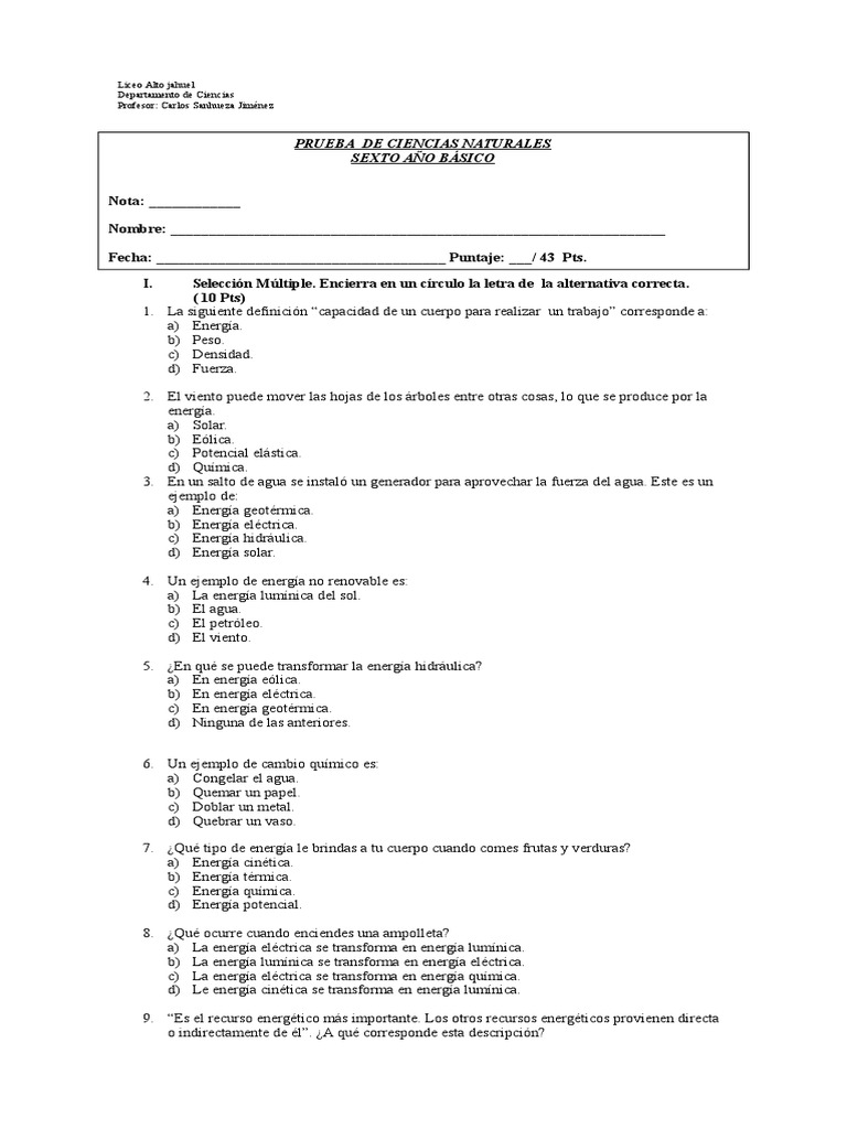 Prueba Ciencias 6° Energía y Transformación de Materia y Energía | PDF ...