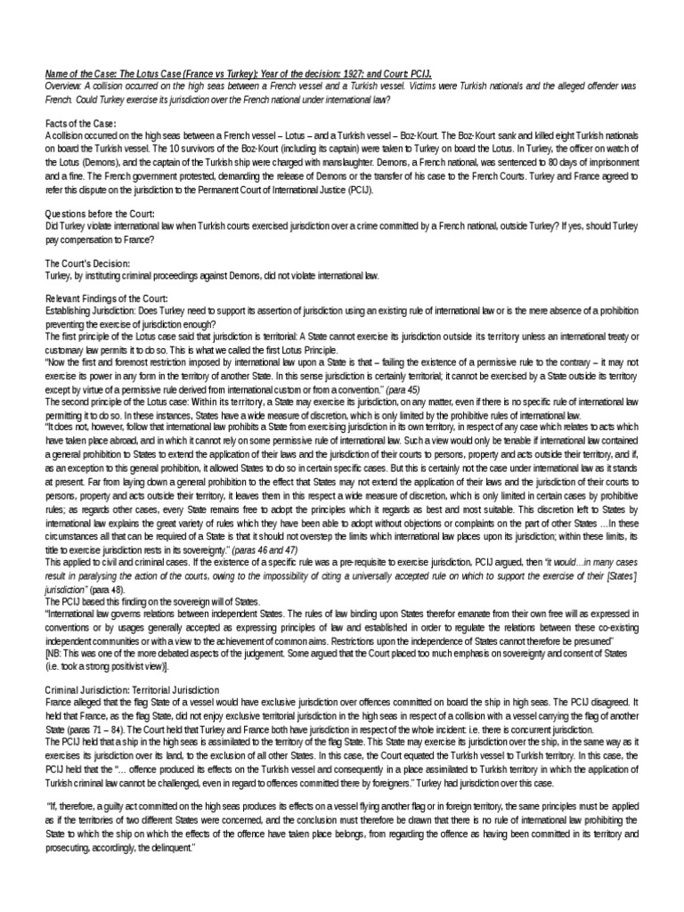 Facts of The Case:: Name of The Case: The Lotus Case (France Vs Turkey ...