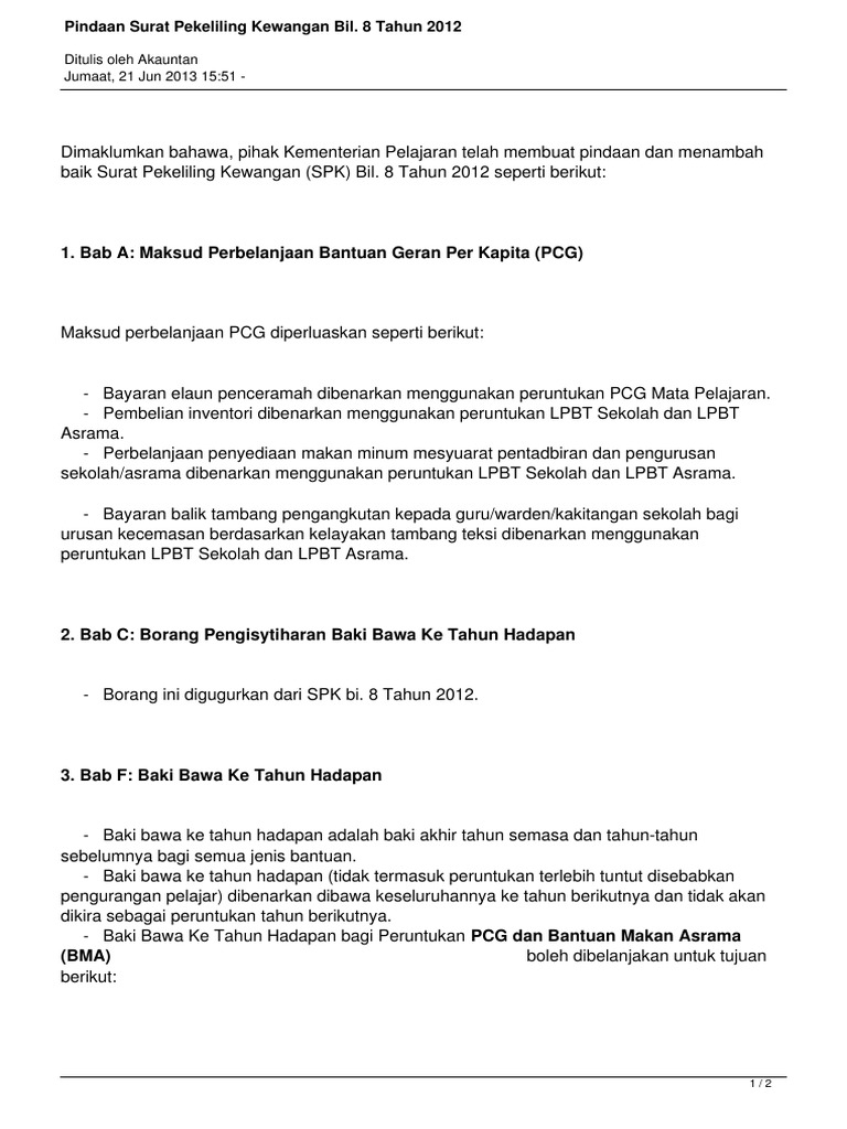 Pindaan Surat Pekeliling Kewangan Bil 8 Tahun 2012 1 | PDF Pindaan Surat Pekeliling Kewangan Bil 8 Tahun 2012 1 | PDF