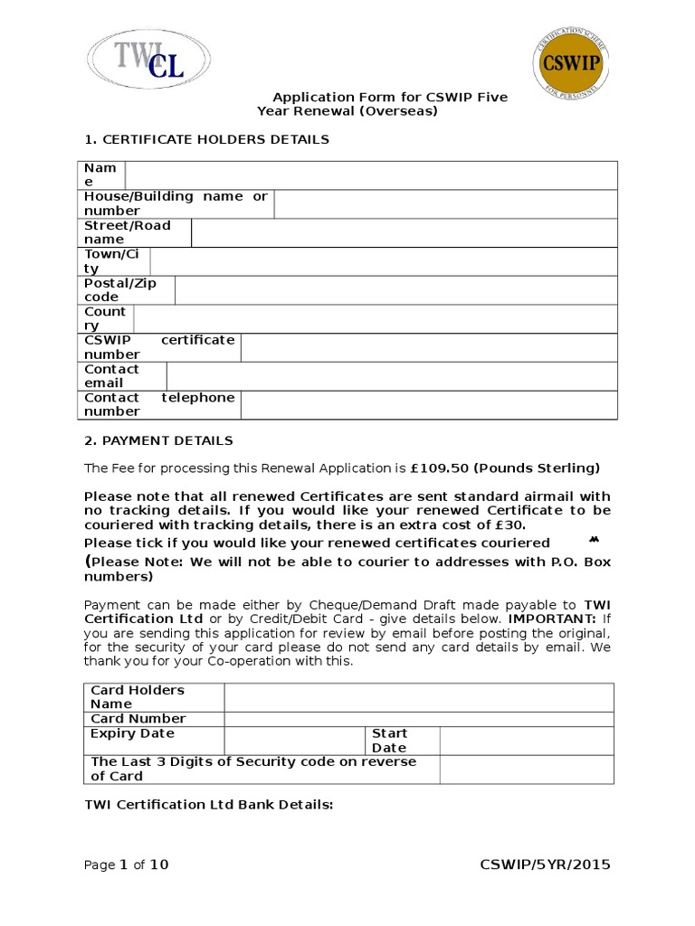 Renewal Form For CSWIP 5 Year Renewal (Overseas) No Logbook | PDF ...