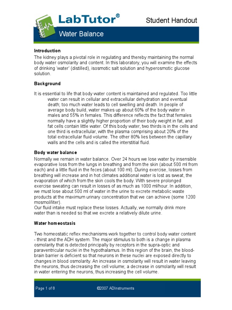 Water Balance Laboratory Handout | PDF | Kidney | Homeostasis