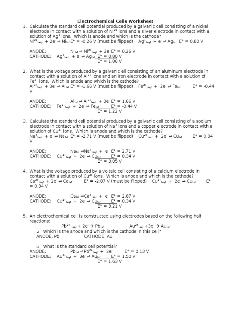 Electrochemical Cells Practice Worksheet | PDF | Electrochemistry | Anode
