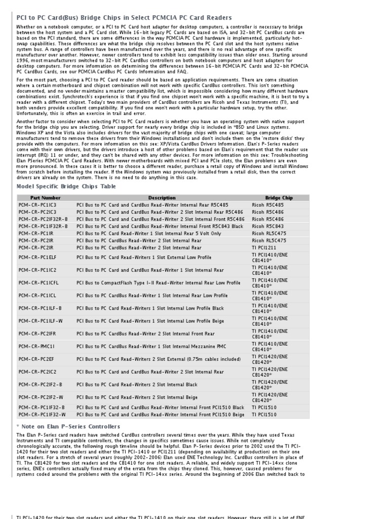 PCI To PC Card (Bus) Bridge Chips in Select PCMCIA PC Card Readers ...