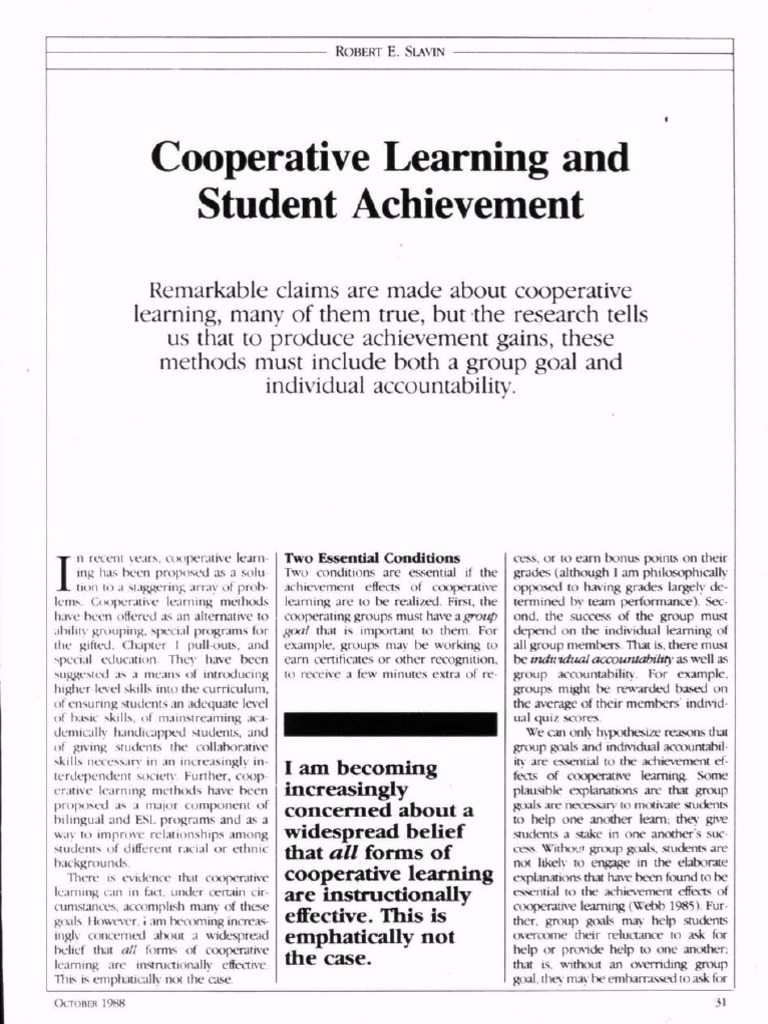 Cooperative Learning and Student Achievement: Robert E. Slavin | PDF ...
