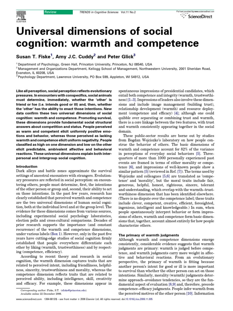 Warmth and Competence in Social Cognition | PDF