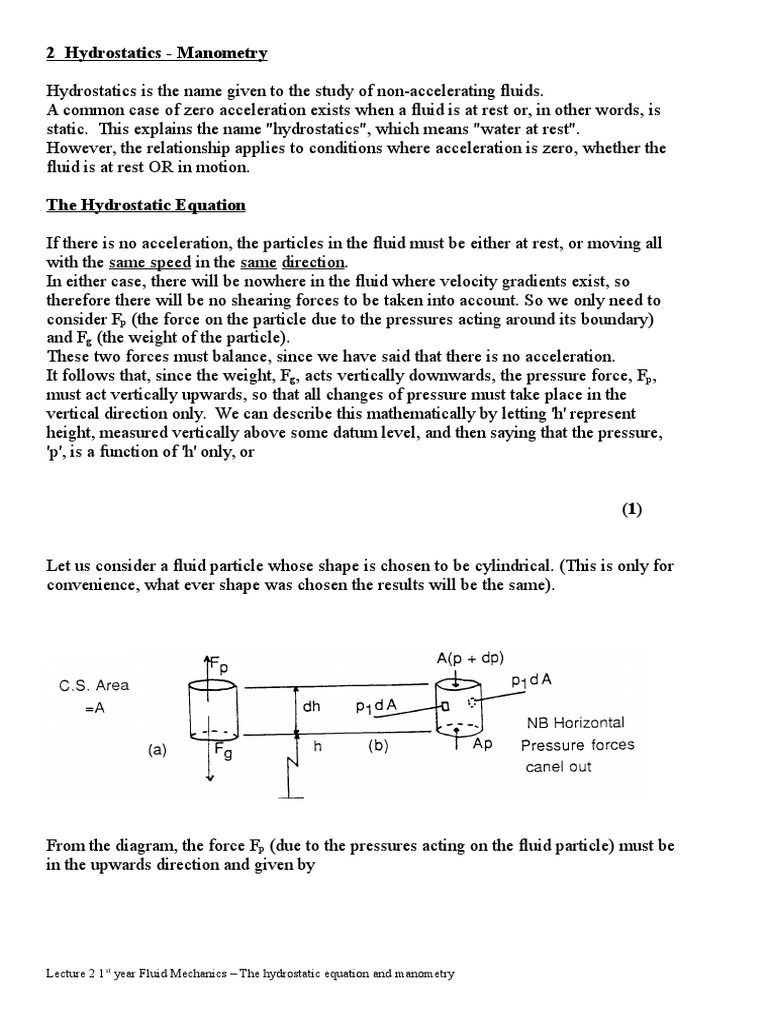 Hydrostatic Equation in Fluid Mechanics | PDF | Pressure Measurement ...