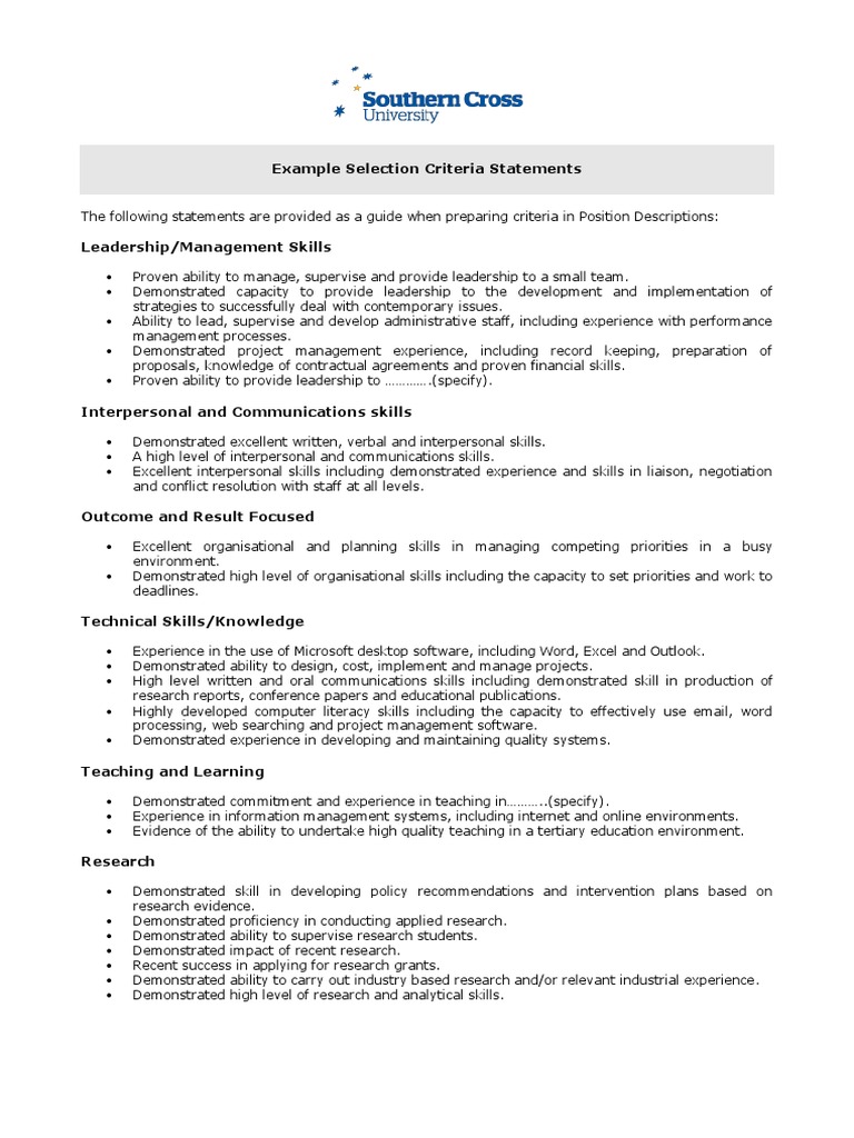 Example Selection Criteria Statements | PDF