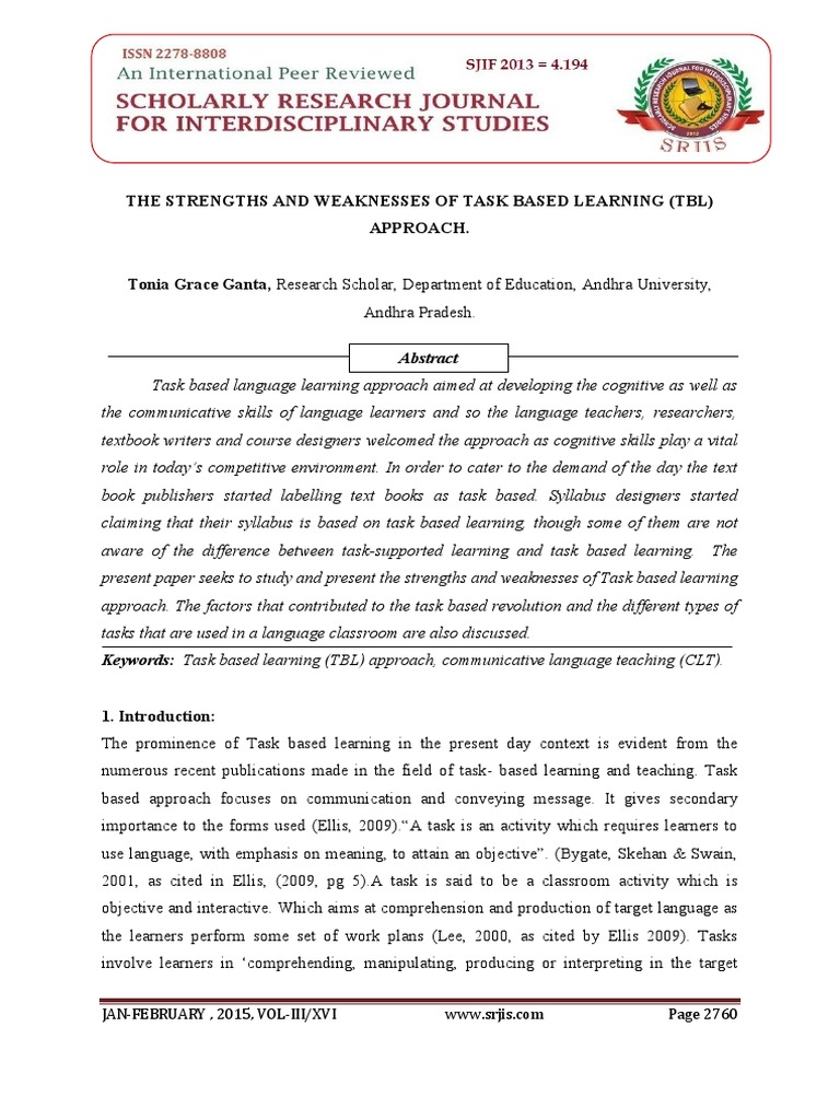 The Strengths and Weaknesses of Task Based Learning (TBL) Approach ...