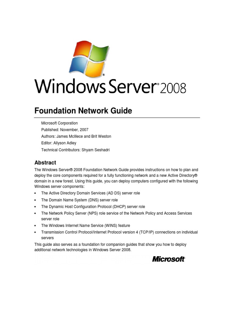 Windows Server 2008 Foundation Network Guide | PDF