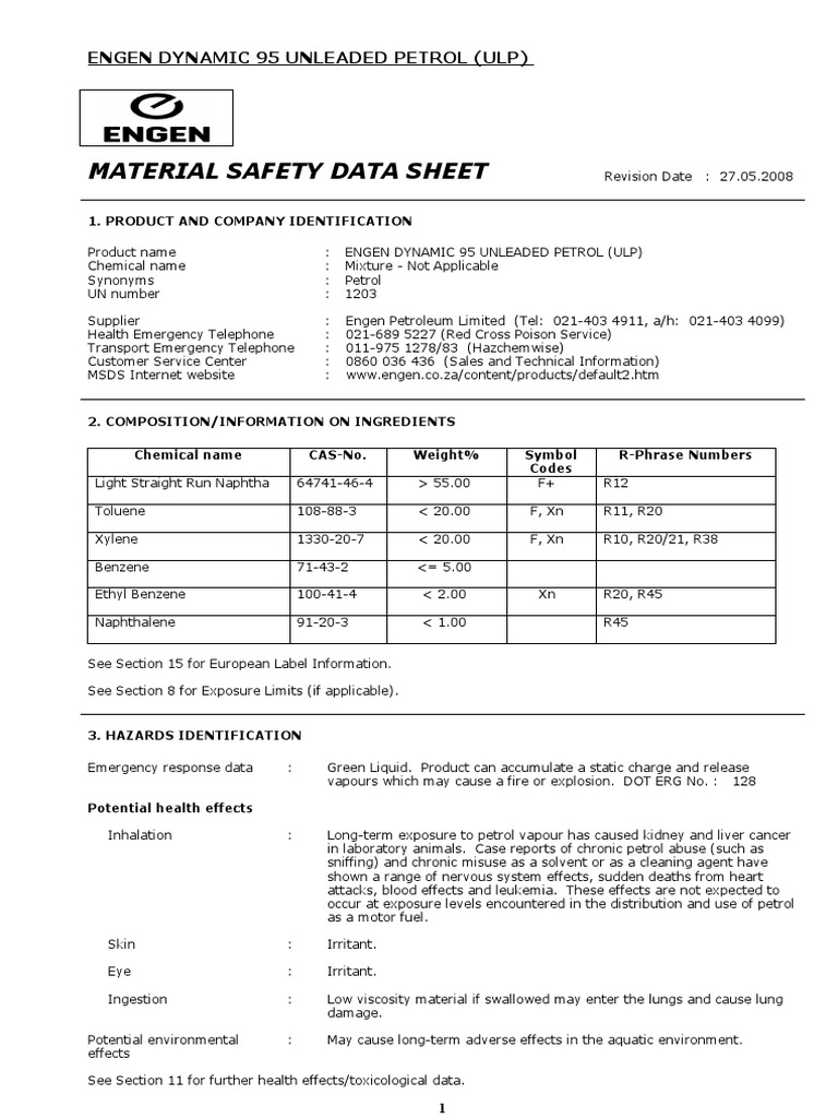 Engen Dynamic 95 Unleaded Petrol (Ulp) | Toxicity | Benzene