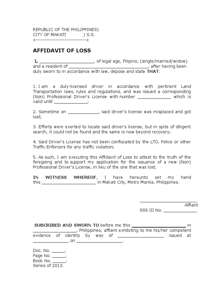 Affidavit of Loss - Driver's License | PDF | Business