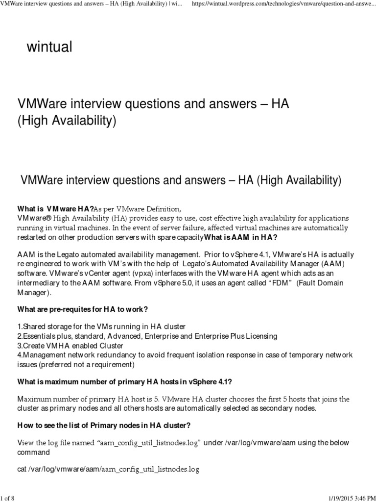 Vmware Interview Questions And Answers Ha High Availability Wintual Download Free Pdf