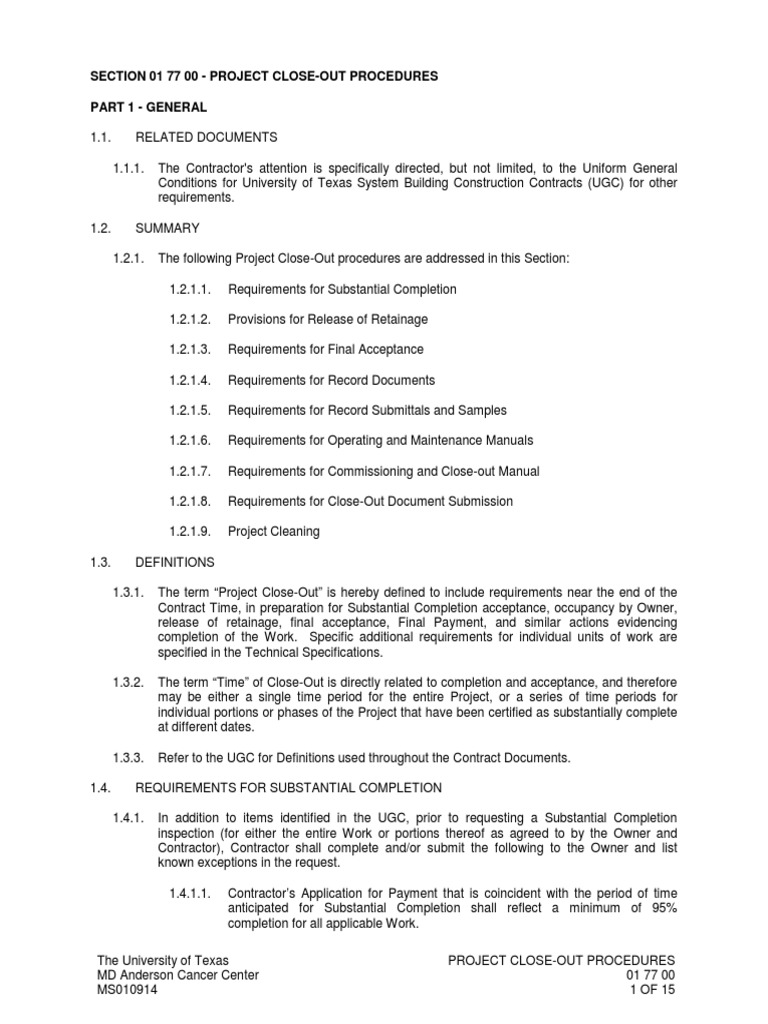 Project Close out document | Specification (Technical Standard ...
