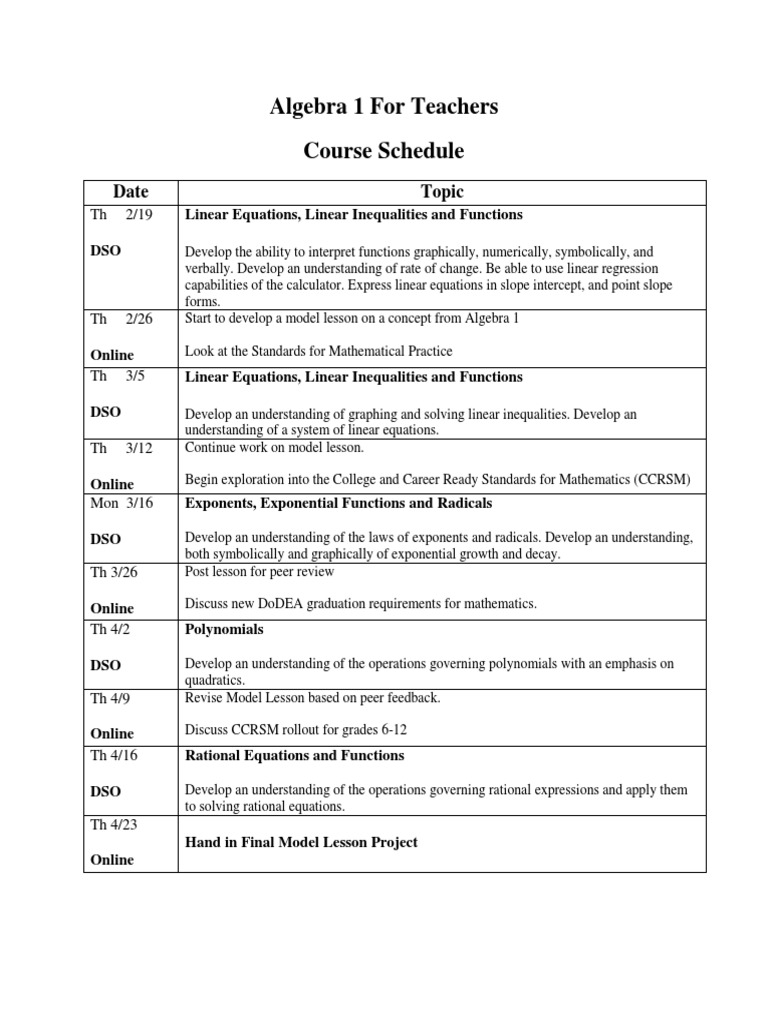 Algebra 1 Teacher Course Schedule | PDF