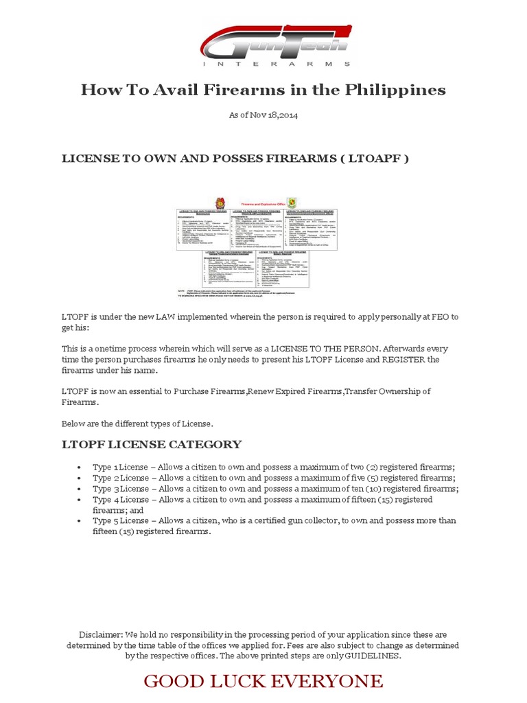 How To Avail Firearms in The Philippines LTOAPF | PDF | Fee | License
