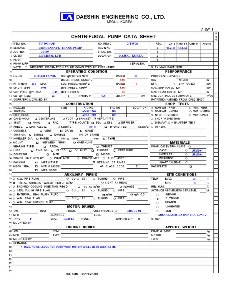 Centrifugal Pump Data Sheet: PU-4901A/B 2 (TWO) Condensate Trans. Pump 30469 LG Chem, LTD Najuu ...
