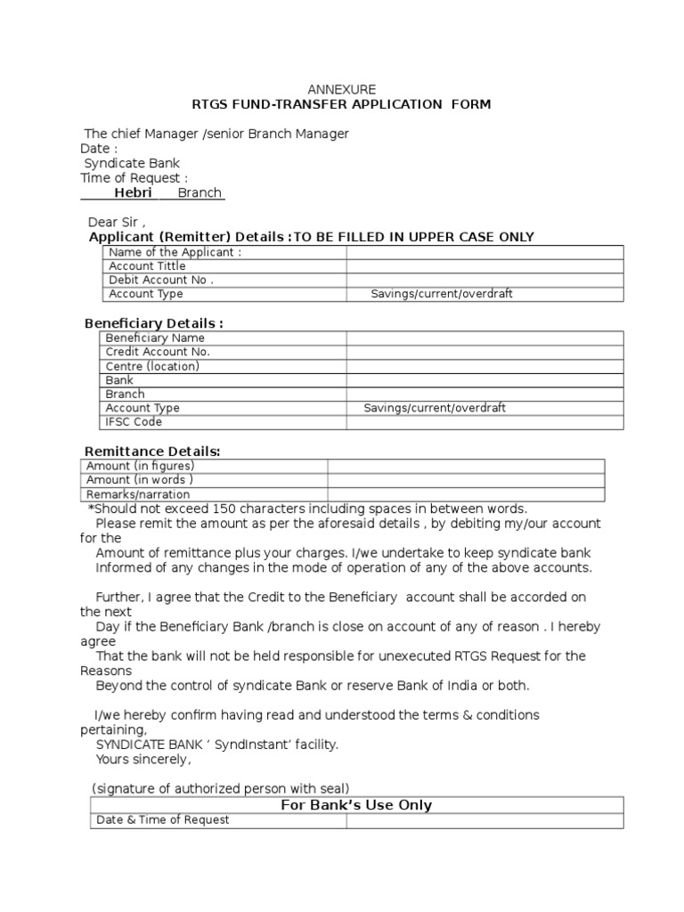 Syndicate Bank RTGS Application Form | PDF | Finance & Money Management ...